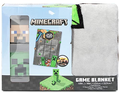 Minecraft Tic Tac Toe Game Blanket - 3 Piece Set Includes Plush Blanket, 10 Pieces, & Storage Bag (Official Minecraft Product)