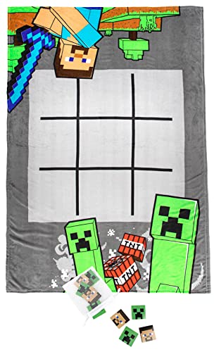 Minecraft Tic Tac Toe Game Blanket - 3 Piece Set Includes Plush Blanket, 10 Pieces, & Storage Bag (Official Minecraft Product)