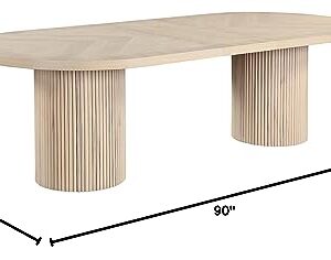 Meridian Furniture 725Oak-T Belinda Collection Mid-Century Modern Solid Wood White Oak Veneer Dining Table, Oval Design, Fluted Bases, 2 Leaves Included, 90"/106.5"/123" W x 47.5" D x 31" H, White