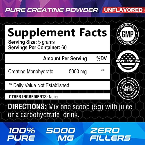 Creatine Monohydrate Powder - 100% Pure Micronized Creatine 5000mg (5g) Supports Muscle Building & Cellular Energy, Nature's Amino Acid Supplement, Gluten Free Keto Friendly, Unflavored - 60 Servings