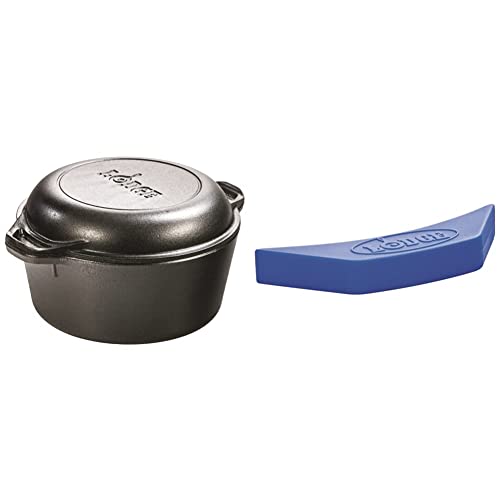 Lodge Cast Iron Serving Pot Cast Iron Double Dutch Oven, 5-Quart & ASAHH31 Silicone Assist Handle Holder, Blue, 5.5" x 2", Pack of 1