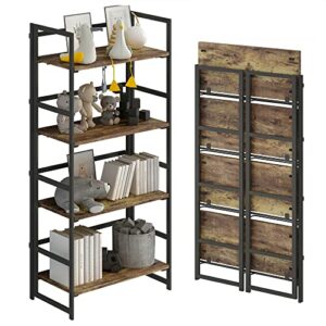 ghqme no-assembly folding bookshelf storage shelves 4 tiers vintage multifunctional plant flower stand storage rack shelves bookcase for home office (firestone and black)