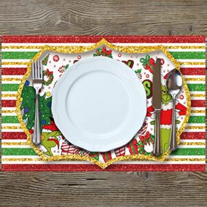 Linen Grinch Placemats Set of 4 Merry Grinchmas Table Mats Grinch Christmas Decorations and Supplies for Home Kitchen Table-12×18''