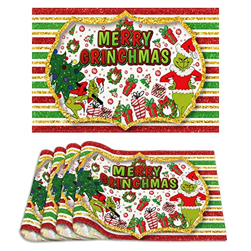 Linen Grinch Placemats Set of 4 Merry Grinchmas Table Mats Grinch Christmas Decorations and Supplies for Home Kitchen Table-12×18''