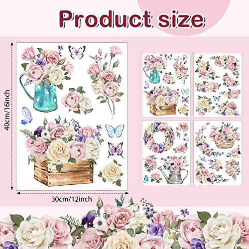 4 Sheets Rub on Transfers 16 x 12 Inches Sunflower Rose Eucalyptus Furniture Rub on Transfers Stickers for Crafts Wood Furniture Fabric Journal Envelope Scrapbooking (Rose Style)