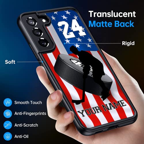 Personalized Ice Hockey Player Name Number America Flag Design Rubber Cover Phone Case for Samsung S23 S22 S21 S20 ULTRA/ S21 FE/S20 FE/S10 PLUS/S9 PLUS/S8 PLUS/S7 EDGE Custom Hockey Phone Case