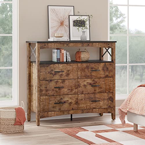 Bestier Buffet Hallway and Living Room Storage Cabinet with 6 Drawers for Home Office and Bedroom for Decluttering and Organization, Rustic Brown