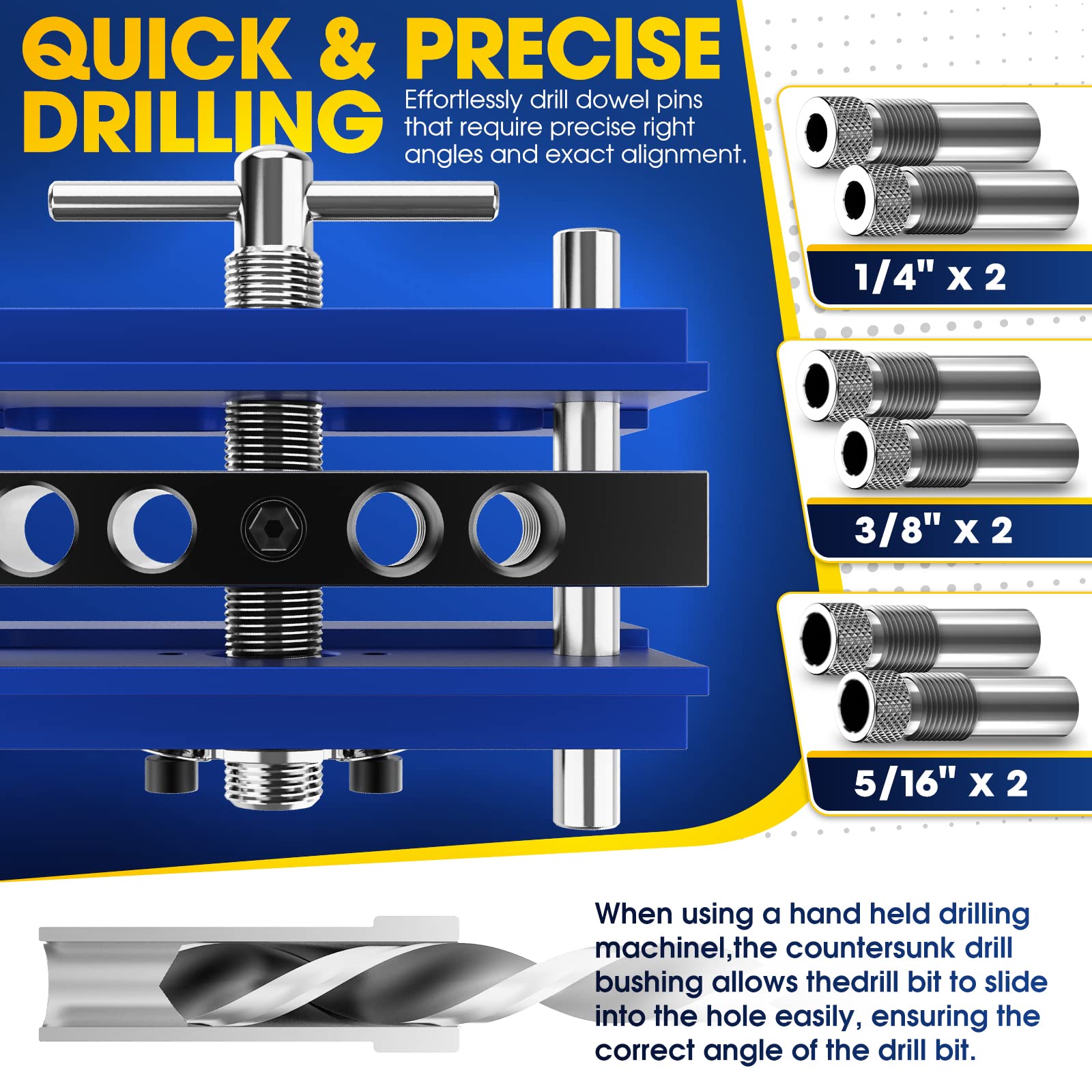 BLEKOO Self Centering Doweling Jig Kit, Drill Jig For Straight Holes Biscuit Joiner Set With 6 Drill Guide Bushings, Adjustable Width Drilling Guide Power Tool Accessory Jigs (Blue)