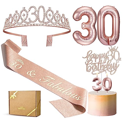 PHD CAKE 30th Birthday Decorations for Her,30th Birthday Sash,Crown/Tiara, Birthday Candles,Cake Toppers, 30 Number Balloon