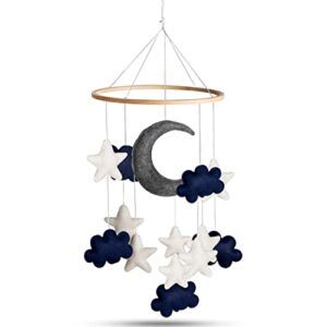 emmnnic baby mobile for crib - modern boho baby mobile - felt nursery mobile for boy - white stars - navy blue clouds and moon.