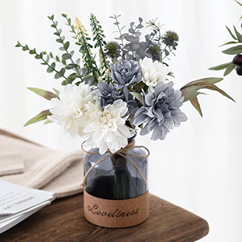 MEGLORYA Fake Flowers Blue White Hydrangea Artificial Flowers with Vase, Farmhouse Coffee Table Decor, Faux Silk Flowers for Home Dining Table Decorations, Boho Bathroom Plant Decor