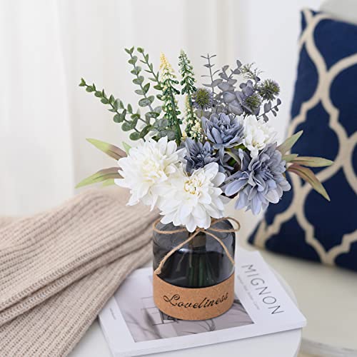 MEGLORYA Fake Flowers Blue White Hydrangea Artificial Flowers with Vase, Farmhouse Coffee Table Decor, Faux Silk Flowers for Home Dining Table Decorations, Boho Bathroom Plant Decor