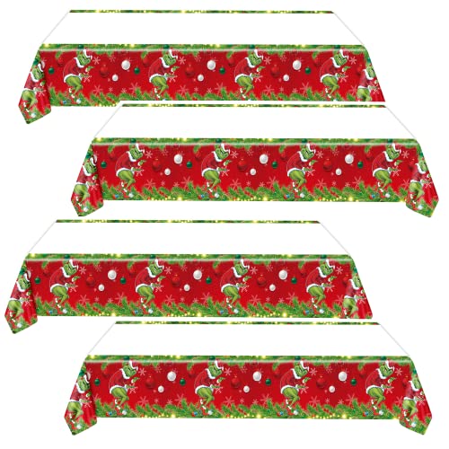 DodelyGz 4Packs Grinch Christmas Tablecovers,Waterproof Oil-Proof Vinyl Plastic Table Cover for Outdorre, Picnic, Camping,Winter Holiday Christmas Tablecloth