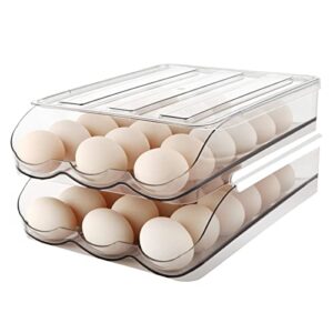 mesrosa egg holder , automatically rolling egg storage container for refrigerator,large capacity organizer for fridge with lid,clear plastic egg dispenser, tray & bin -2 layer