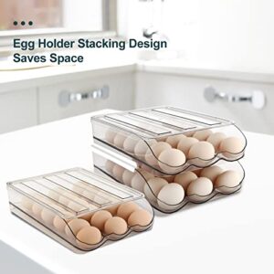 MesRosa Egg Holder , Automatically Rolling Egg Storage Container for Refrigerator,Large Capacity Organizer for Fridge with Lid,Clear Plastic Egg Dispenser, Tray & Bin -2 Layer