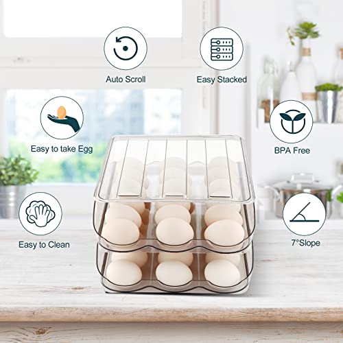 MesRosa Egg Holder , Automatically Rolling Egg Storage Container for Refrigerator,Large Capacity Organizer for Fridge with Lid,Clear Plastic Egg Dispenser, Tray & Bin -2 Layer