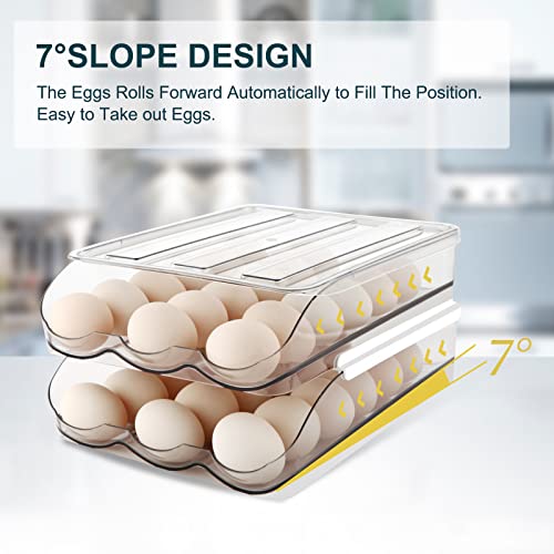 MesRosa Egg Holder , Automatically Rolling Egg Storage Container for Refrigerator,Large Capacity Organizer for Fridge with Lid,Clear Plastic Egg Dispenser, Tray & Bin -2 Layer