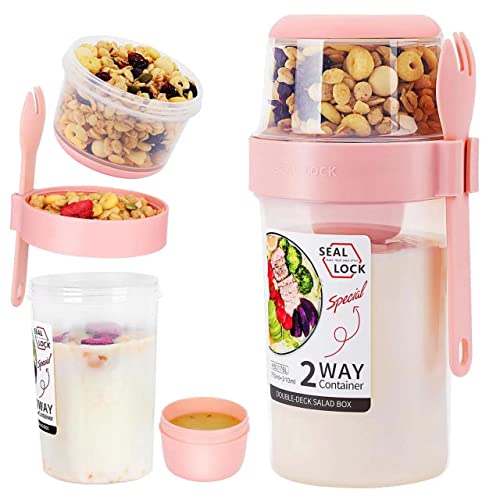 26 oz Breakfast On the Go Cups,Take and Go Yogurt Cup with Topping Cereal Cup with Fork,Leak-proof Overnight Oats or Oatmeal Container Jar,Portable Reusable Yogurt Snack Parfait Containers(Pink)