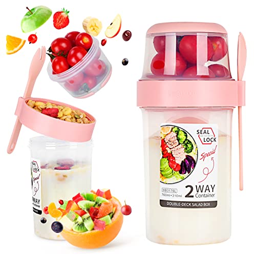 26 oz Breakfast On the Go Cups,Take and Go Yogurt Cup with Topping Cereal Cup with Fork,Leak-proof Overnight Oats or Oatmeal Container Jar,Portable Reusable Yogurt Snack Parfait Containers(Pink)