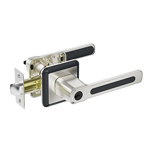 BAOLONG Door Handle Locking Lever with Modern Contemporary Square Design,Front Door Lock Entry Lever with Lock for Exterior or Interior Door Satin Nickel Keyed Lock.