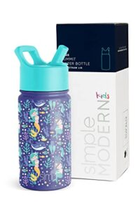 simple modern kids water bottle with straw lid | insulated stainless steel reusable tumbler for toddlers, girls | summit collection | 14oz, happy mermaids