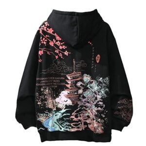 women men aesthetic japanese sakura hoodie, y2k anime harajuku cloth korean hooded long sleeve sweatshirt for winter fall (black,xl,x-large)