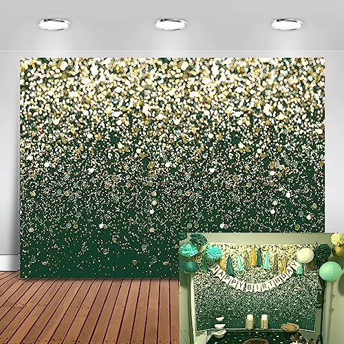 Mocsicka Green and Gold Glitter Backdrop Golden Bokeh Sequin Spots for Wedding Decorations Birthday Party Photo Backdrops Christmas New Year Family Picture Party Photography Background (Green, 7x5ft)