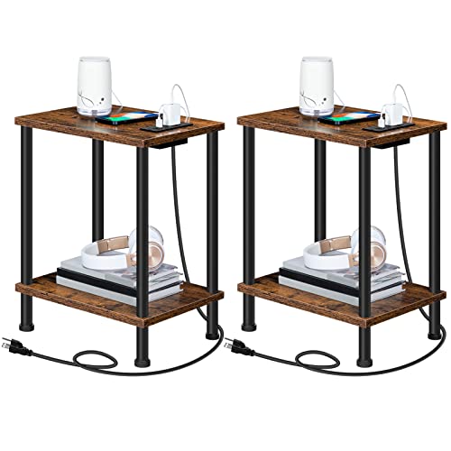 HOOBRO Side Table with Charging Station, Set of 2 End Tables with USB Ports and Outlets, Nightstand with 2-Layer Storage Shelves for Small Spaces, Living Room, Bedroom, Rustic Brown BF09UBZP201