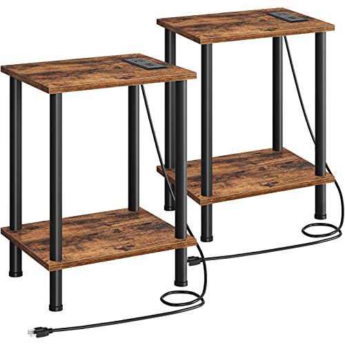 HOOBRO Side Table with Charging Station, Set of 2 End Tables with USB Ports and Outlets, Nightstand with 2-Layer Storage Shelves for Small Spaces, Living Room, Bedroom, Rustic Brown BF09UBZP201