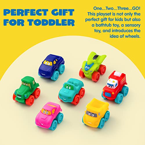 JOYIN 18 Pcs Cartoon Cars, Soft Rubber Toy Car Set, Mini Toy Vehicles, Bath Toy Car for Toddlers, Gift for Boys and Girls Christmas Birthday, Summer Beach and Pool Activity, Party Favors for Kids