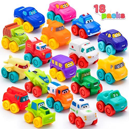 JOYIN 18 Pcs Cartoon Cars, Soft Rubber Toy Car Set, Mini Toy Vehicles, Bath Toy Car for Toddlers, Gift for Boys and Girls Christmas Birthday, Summer Beach and Pool Activity, Party Favors for Kids