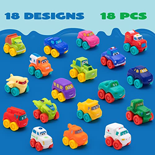 JOYIN 18 Pcs Cartoon Cars, Soft Rubber Toy Car Set, Mini Toy Vehicles, Bath Toy Car for Toddlers, Gift for Boys and Girls Christmas Birthday, Summer Beach and Pool Activity, Party Favors for Kids