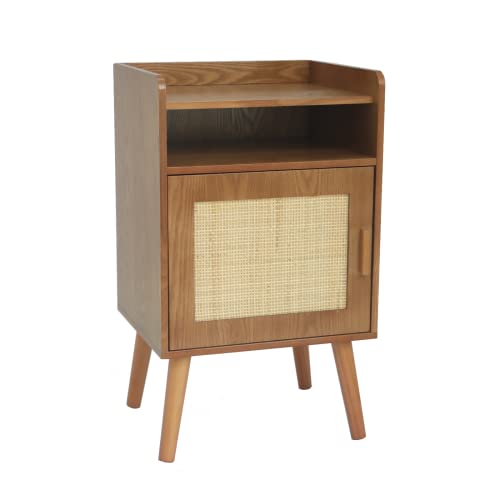 AWASEN Mid Century Modern Nightstand, Rattan Nightstand with 2-Tier Shelf and Door, Bedside Table with Storage for Small Spaces, Bedroom,Living Room, Easy Assembly, Brown Walnut