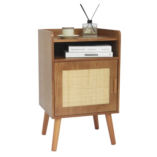 AWASEN Mid Century Modern Nightstand, Rattan Nightstand with 2-Tier Shelf and Door, Bedside Table with Storage for Small Spaces, Bedroom,Living Room, Easy Assembly, Brown Walnut