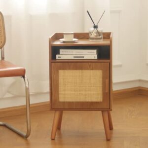 AWASEN Mid Century Modern Nightstand, Rattan Nightstand with 2-Tier Shelf and Door, Bedside Table with Storage for Small Spaces, Bedroom,Living Room, Easy Assembly, Brown Walnut