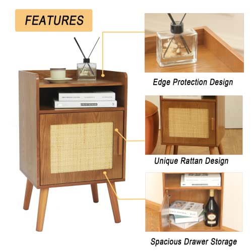 AWASEN Mid Century Modern Nightstand, Rattan Nightstand with 2-Tier Shelf and Door, Bedside Table with Storage for Small Spaces, Bedroom,Living Room, Easy Assembly, Brown Walnut