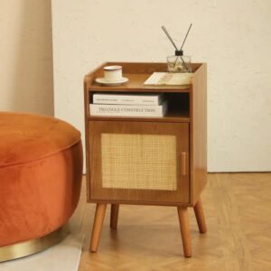 AWASEN Mid Century Modern Nightstand, Rattan Nightstand with 2-Tier Shelf and Door, Bedside Table with Storage for Small Spaces, Bedroom,Living Room, Easy Assembly, Brown Walnut