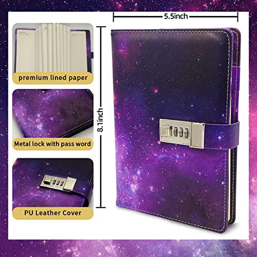 Adorezyp Journal with Lock Galaxy for Boys and Girls 240 pages with Greeting Gift card, Waterproof PU Leather Diary with Lock 5.5 x 8.1 Inch Refillable Notebook with Combination Lock, Secret Password Journal for Teen/Women Gift