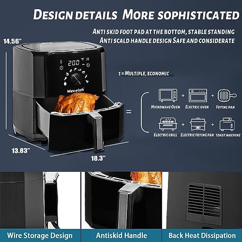 Weceleh Air Fryer, 6.3 Quart Large Toaster Oven, 9 in 1 Airfryer with Temperature Control & Timer Knob, Up to 392℉, LED Display, Oil-Free, Non Stick Basket, Auto Shut Off Feature, Black, 1700W