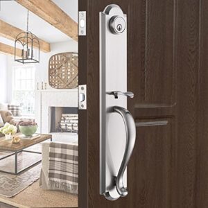 hisafe heavy duty front door handle in camelot trim, brushed nickel exterior door handleset with single cylinder deadbolt and lever, right & left handed, 17.72'' length handleset, x-2018sn-amz