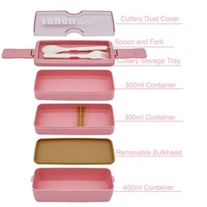 JBGOYON Bento Box Adult Lunch Box 1000 ML Stackable Lunch Containers for Adults, Leakproof 3-In-1 Compartment Bento Boxes Set, Built-in Cutlery, Soup Cup, Tote Lunch Bag, Snack Bag (Pink)