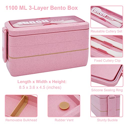 JBGOYON Bento Box Adult Lunch Box 1000 ML Stackable Lunch Containers for Adults, Leakproof 3-In-1 Compartment Bento Boxes Set, Built-in Cutlery, Soup Cup, Tote Lunch Bag, Snack Bag (Pink)