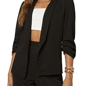 Verdusa Women's 3/4 Length Sleeve Shawl Collar Ruched Sleeve Open Front Suiting Blazer Black M