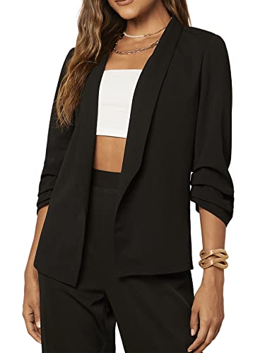 Verdusa Women's 3/4 Length Sleeve Shawl Collar Ruched Sleeve Open Front Suiting Blazer Black M