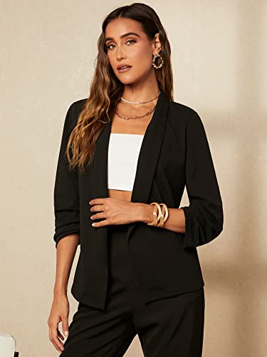 Verdusa Women's 3/4 Length Sleeve Shawl Collar Ruched Sleeve Open Front Suiting Blazer Black M