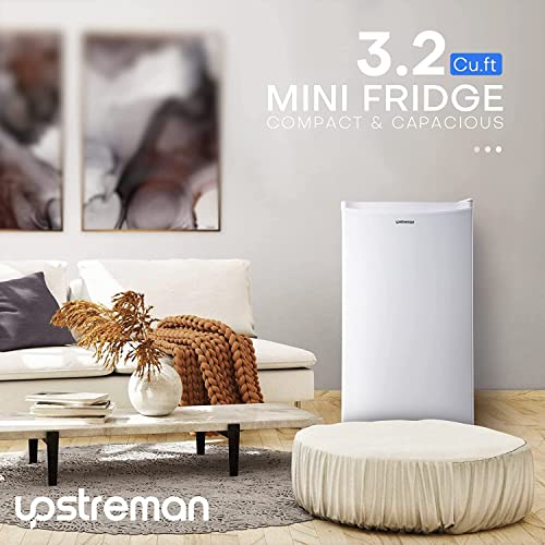 Upstreman 3.2 Cu.Ft Mini Fridge with Freezer, Single Door Mini Fridge, Adjustable Thermostat, Mini Refrigerator for Dorm, Office, Bedroom, White-BR321