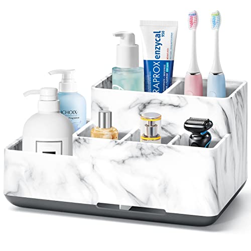 Electric Toothbrush Holder for Bathroom, Plastic Bathroom Countertop Organizer Compartment, Vanity Organizer Tray,Countertop Organizer Box, Kids Desk Organizers and Storage,White Marble Pattern