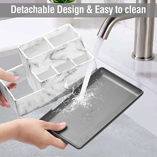 Electric Toothbrush Holder for Bathroom, Plastic Bathroom Countertop Organizer Compartment, Vanity Organizer Tray,Countertop Organizer Box, Kids Desk Organizers and Storage,White Marble Pattern