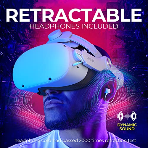 DESTEK QH2 Face Pressure-Free 7000mAh Battery Pack Headphones Head Strap Compatible with Meta/Oculus Quest 2, Double Knob Elite Strap with Headphones, Comfortable 6 Hrs Playtime