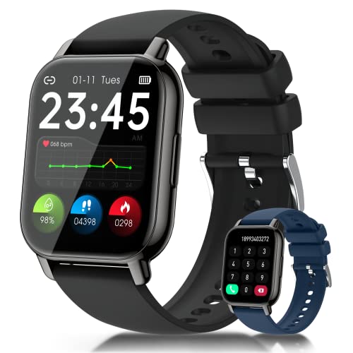 SZHELEJIAM Smart Watch Make/Answer Calls,1.85" Smart Watch for Android iOS,IPX8 Waterproof Fitness Tracker with Heart Rate,Sleep,Calorie,Step,24 Sports Modes,Fitness Watches for Women(Black+Blue)